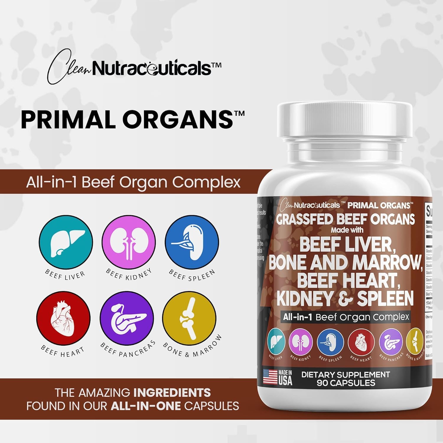 Clean Nutraceuticals Grass Fed Beef Liver Capsules - Premium Quality Supplement Packed with Desiccated, Beef Heart, Beef Spleen, Beef Pancreas Plus Bone & Marrow Dao Enzyme Pills