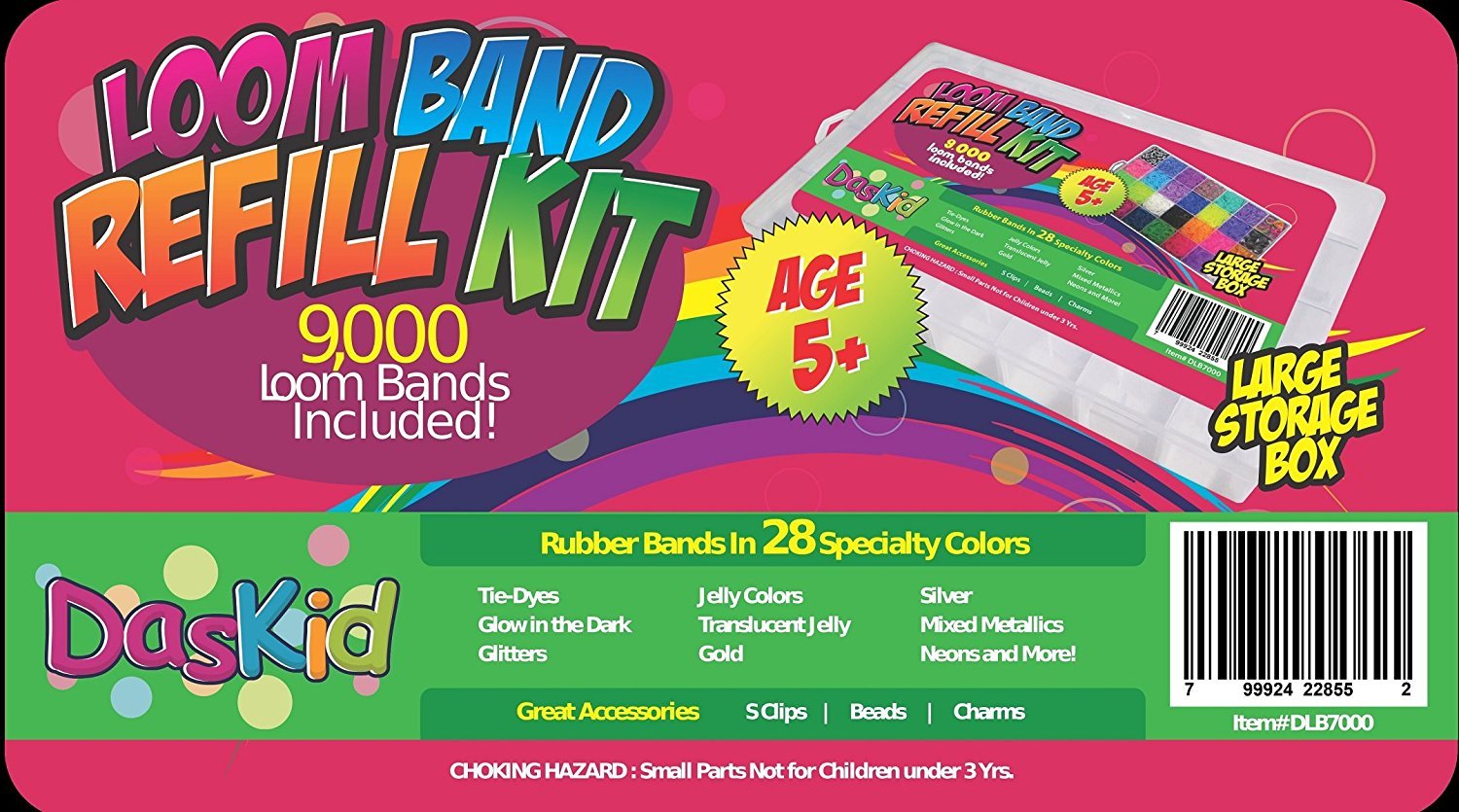 DasKid 12100+ Rubber Bands Refill Loom Set 11,000+ Loom Bands 42 Colors 600 Clips 200 Beads + 52 ABC Beads 30 Charms 10 Backpack Hooks 10 Tassels 5 Crochet Hooks 5 Hair Clips +ABC & Number Stickers