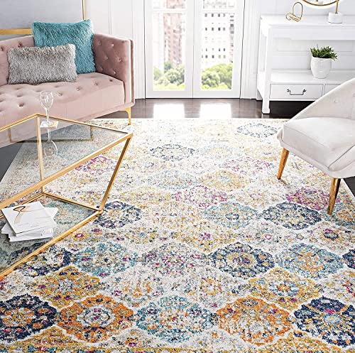 SAFAVIEH Madison Collection 8' Square Cream/Multi MAD611B Boho Chic Floral Medallion Trellis Distressed Non-Shedding Living Room Bedroom Dining Home Office Area Rug