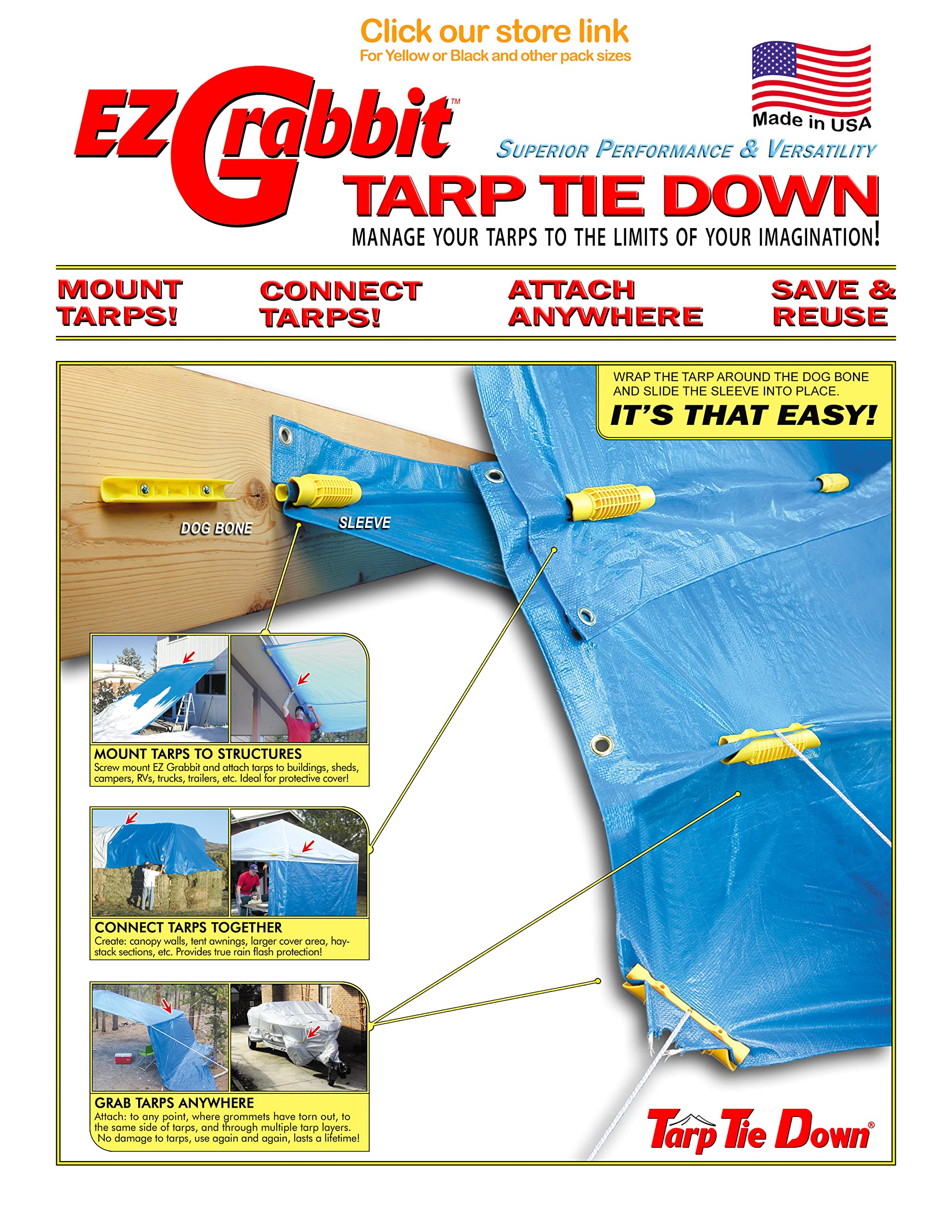 EZ Grabbit Tarp Tie Down (12-Pack) (Black) - Welcome to A New Standard! - Tarp Clip Clamp Holder Tie-Off Cinch Fastener Wall Tent Boat Pool Cover Canopy Hay Cargo Camping Storage Canvas