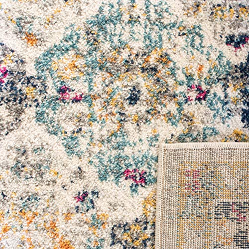 SAFAVIEH Madison Collection 8' Square Cream/Multi MAD611B Boho Chic Floral Medallion Trellis Distressed Non-Shedding Living Room Bedroom Dining Home Office Area Rug