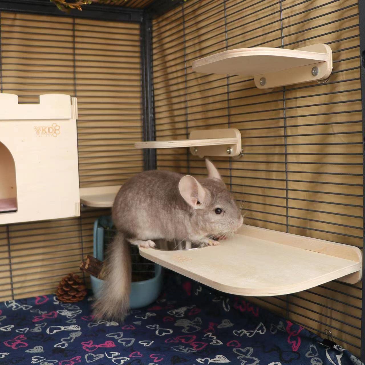 Chinchilla Wooden Platform Set, Chinchilla Cage Platform with Feeding Bowl, Small Animals Cage Accessories for Chinchilla Squirrel Gerbil Suger Glider Hamsters (Feeding Platform + Small Platform)
