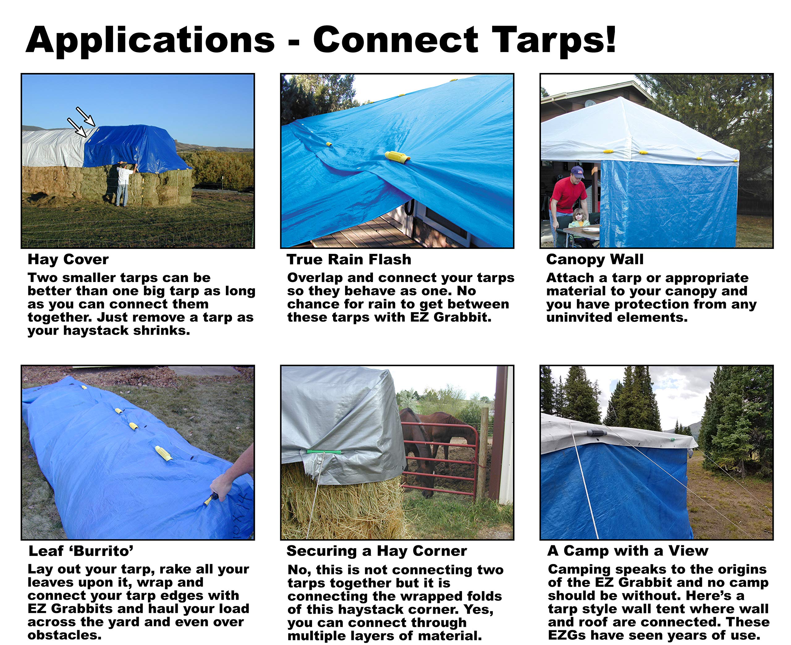 EZ Grabbit Tarp Tie Down (12-Pack) (Black) - Welcome to A New Standard! - Tarp Clip Clamp Holder Tie-Off Cinch Fastener Wall Tent Boat Pool Cover Canopy Hay Cargo Camping Storage Canvas