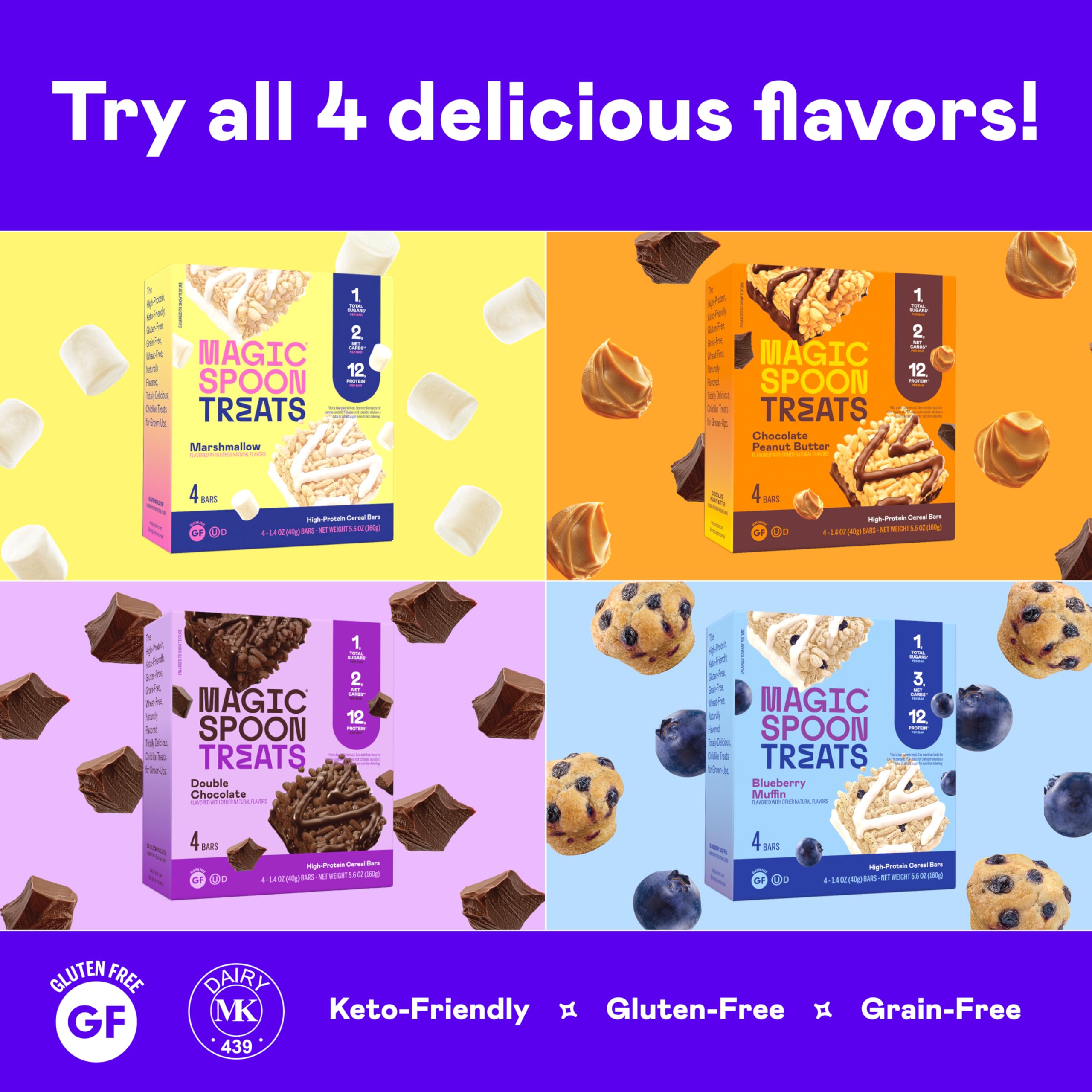 MAGIC SPOON Treats - High Protein, Low Carb, Keto Friendly, Low Sugar, Gluten Free, Crispy Protein Bar Cereal Bar, On-The-Go Healthy Snack (Chocolate PB, 8 Bars)