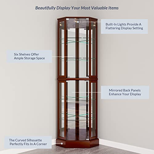 BELLEZE Lighted Corner Display Curio Cabinet Wooden Curved Shelving Unit with Tempered Glass Door, Bar and Liquor Storage Area with 6 Shelves - Ashfield (Walnut)