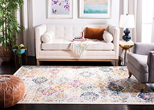 SAFAVIEH Madison Collection 8' Square Cream/Multi MAD611B Boho Chic Floral Medallion Trellis Distressed Non-Shedding Living Room Bedroom Dining Home Office Area Rug