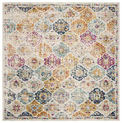 SAFAVIEH Madison Collection 8' Square Cream/Multi MAD611B Boho Chic Floral Medallion Trellis Distressed Non-Shedding Living Room Bedroom Dining Home Office Area Rug