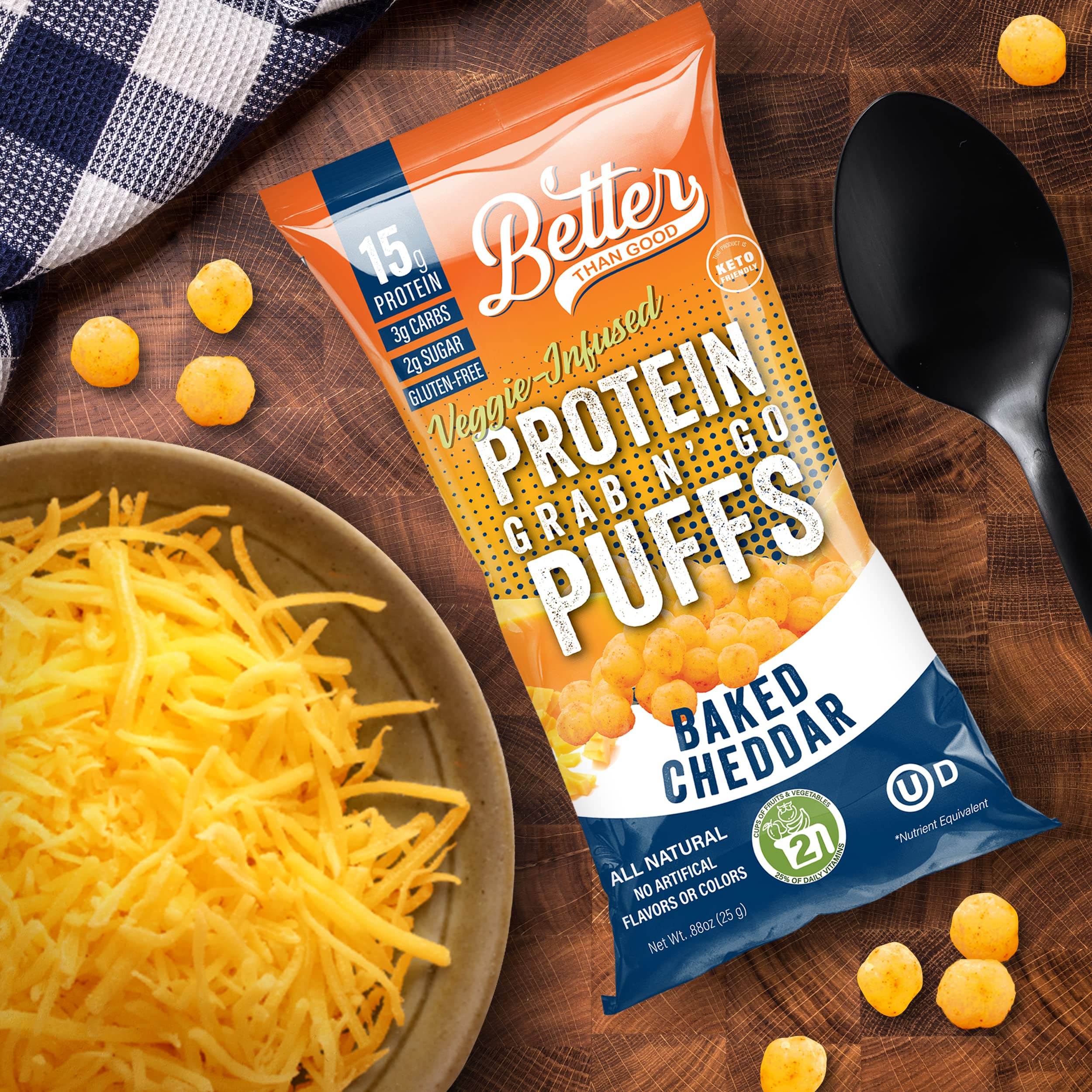 Better Than Good Savory Keto, Gluten-Free Baked Cheddar Protein Puffs (4-Pack) - Paleo, Low Sugar, Low Calorie, Diabetic Friendly Snacks | 15g Protein & 2 Servings of Fruits & Veggies