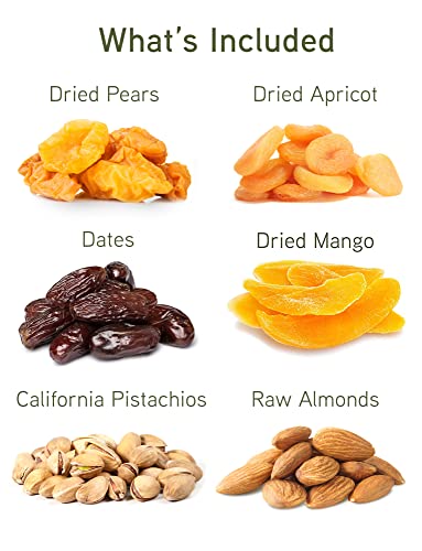 Anna and Sarah Gift Basket Mixed Dried Fruit and Nuts in Box Dried Pears, Fancy Medjool Dates, Dried Apricot, Dried Mango, California Pistachio and Raw Almond (6 Assortments) ,Holiday, Birthday, Healthy Fruit Anniversary, Corporate Treat Box for Women, Me