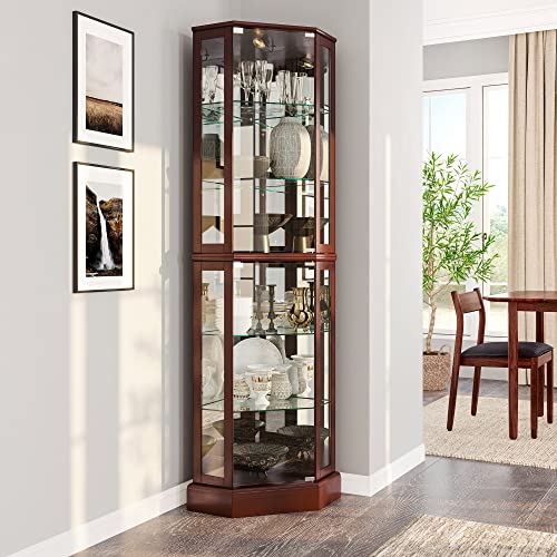 BELLEZE Lighted Corner Display Curio Cabinet Wooden Curved Shelving Unit with Tempered Glass Door, Bar and Liquor Storage Area with 6 Shelves - Ashfield (Walnut)