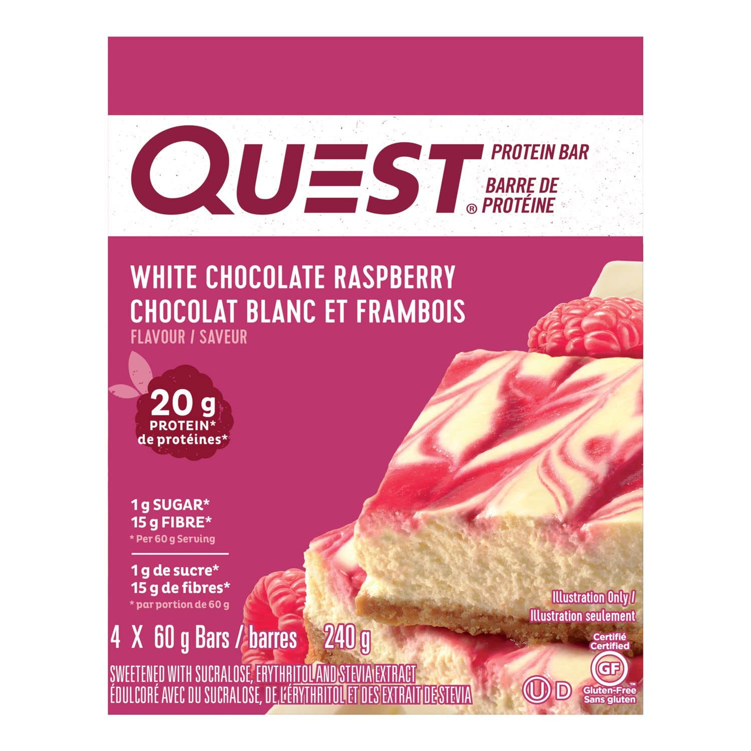 Quest White Chocolate Raspberry Flavoured Protein Bars - Gluten Free (1 box of 4 x 60g/2oz) Shipped from Canada