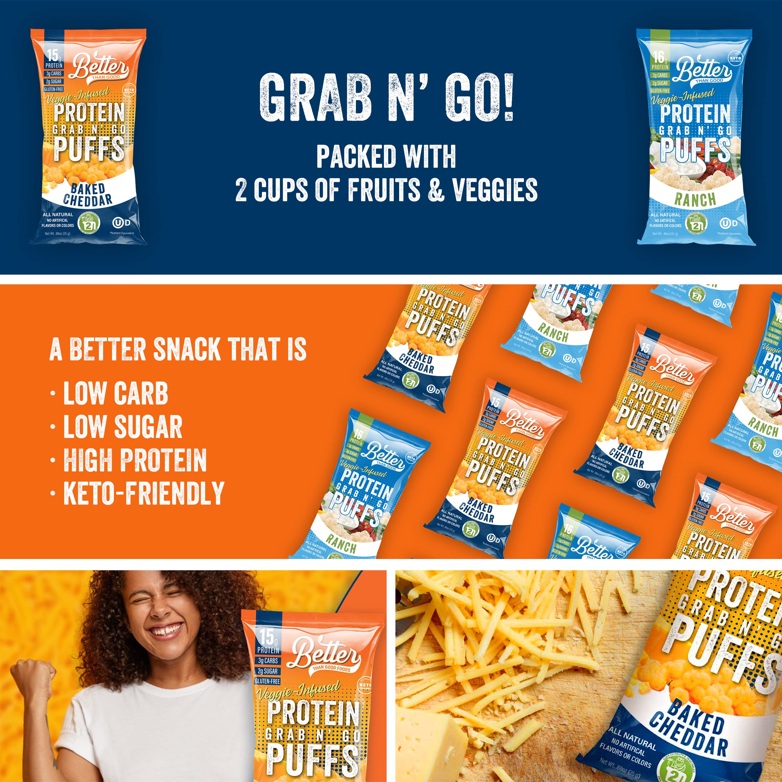 Better Than Good Savory Keto, Gluten-Free Baked Cheddar Protein Puffs (4-Pack) - Paleo, Low Sugar, Low Calorie, Diabetic Friendly Snacks | 15g Protein & 2 Servings of Fruits & Veggies