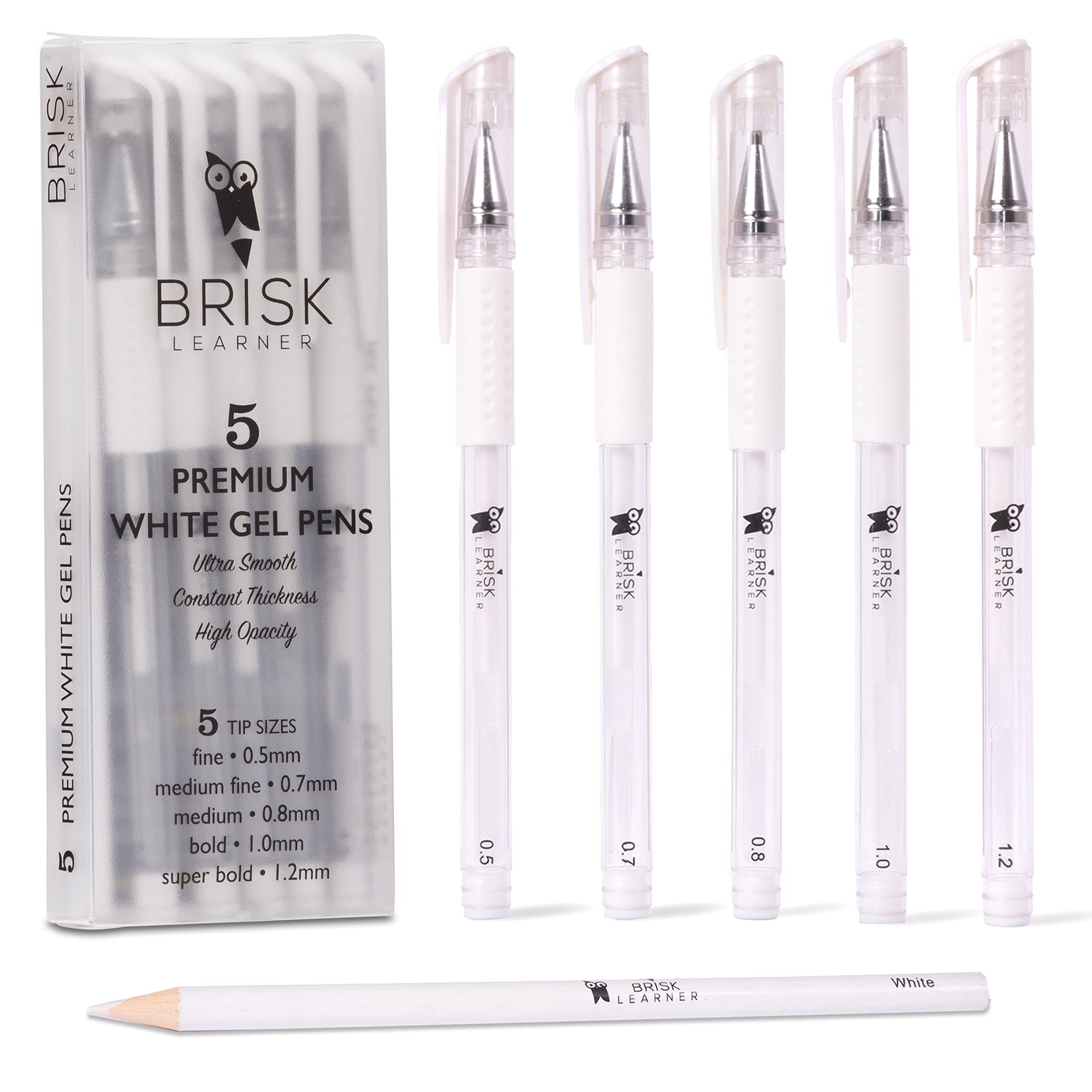 BriskLearner 5 White Gel Pen - 5 Tip Sizes 0.5, 0.7, 0.8, 1.0, 1.2mm for Maximum Opacity Control - Graffiti Ink White Pen for Artists, White Ink Pen - Free White Pencil