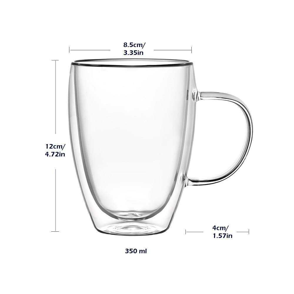 2-Pack 12 Oz Double Walled Glass Coffee Mugs with Handle,Insulated Layer Coffee Cups,Clear Borosilicate Glass Mugs,Perfect for Cappuccino,Tea,Latte,Espresso,Hot Beverage