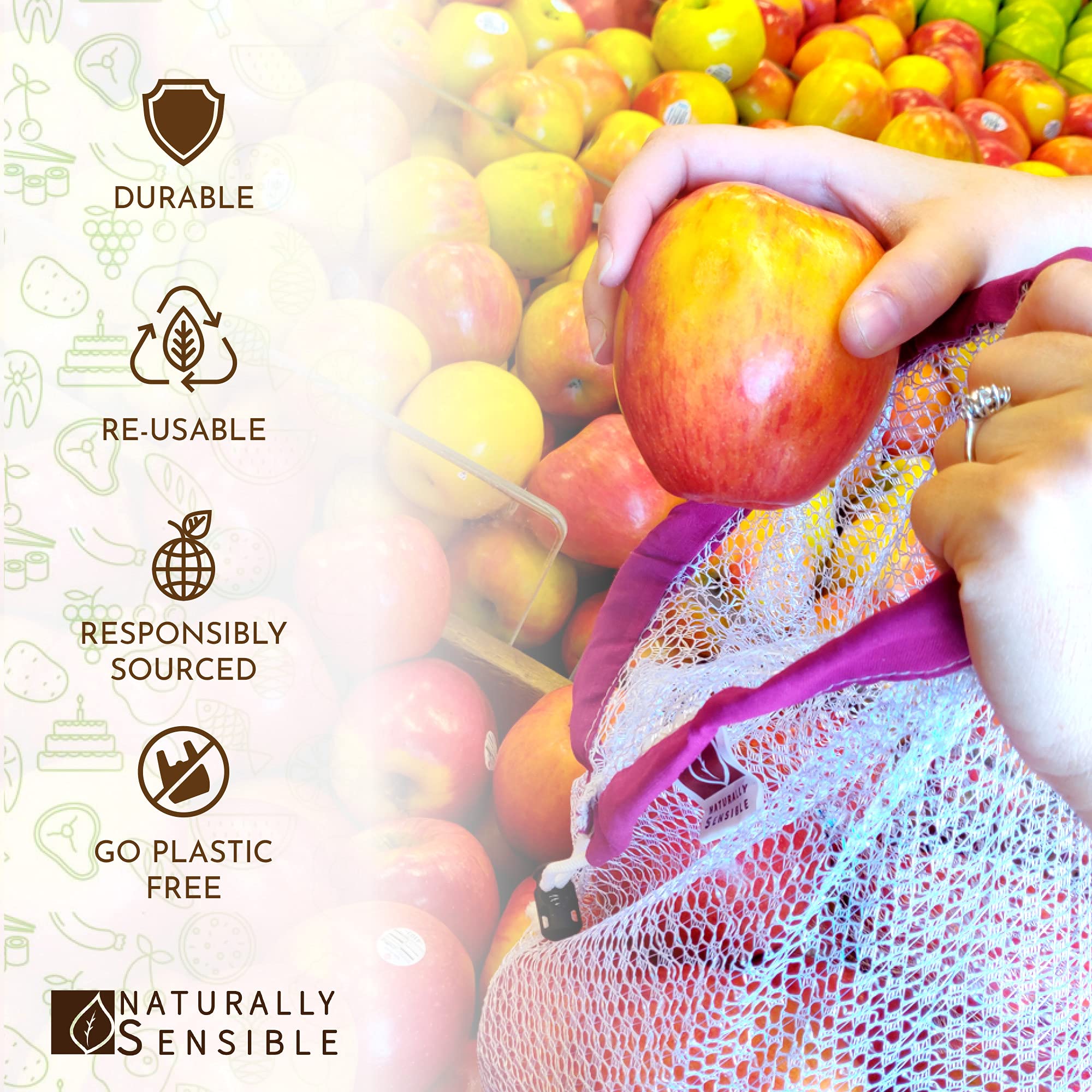 Naturally Sensible Reusable Produce Bags | Sturdy Mesh Grocery Tote (5 Bag Set)