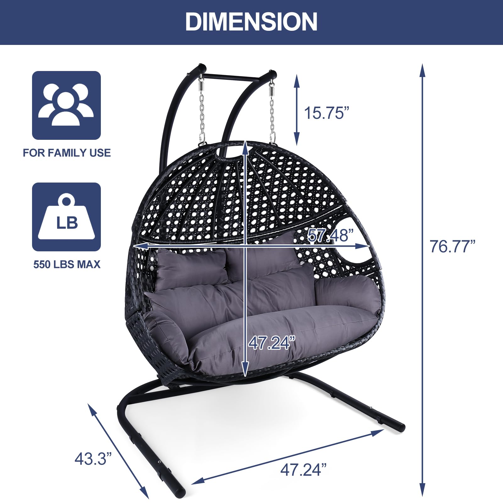 JESE Double Swing Egg Chair with Stand Indoor Outdoor,UV Resistant Cushion 2 People Hanging Anti-Rust Wicker Rattan Frame 530 lbs Capacity Oversized Hammock for Patio Bedroom Balcony，Black