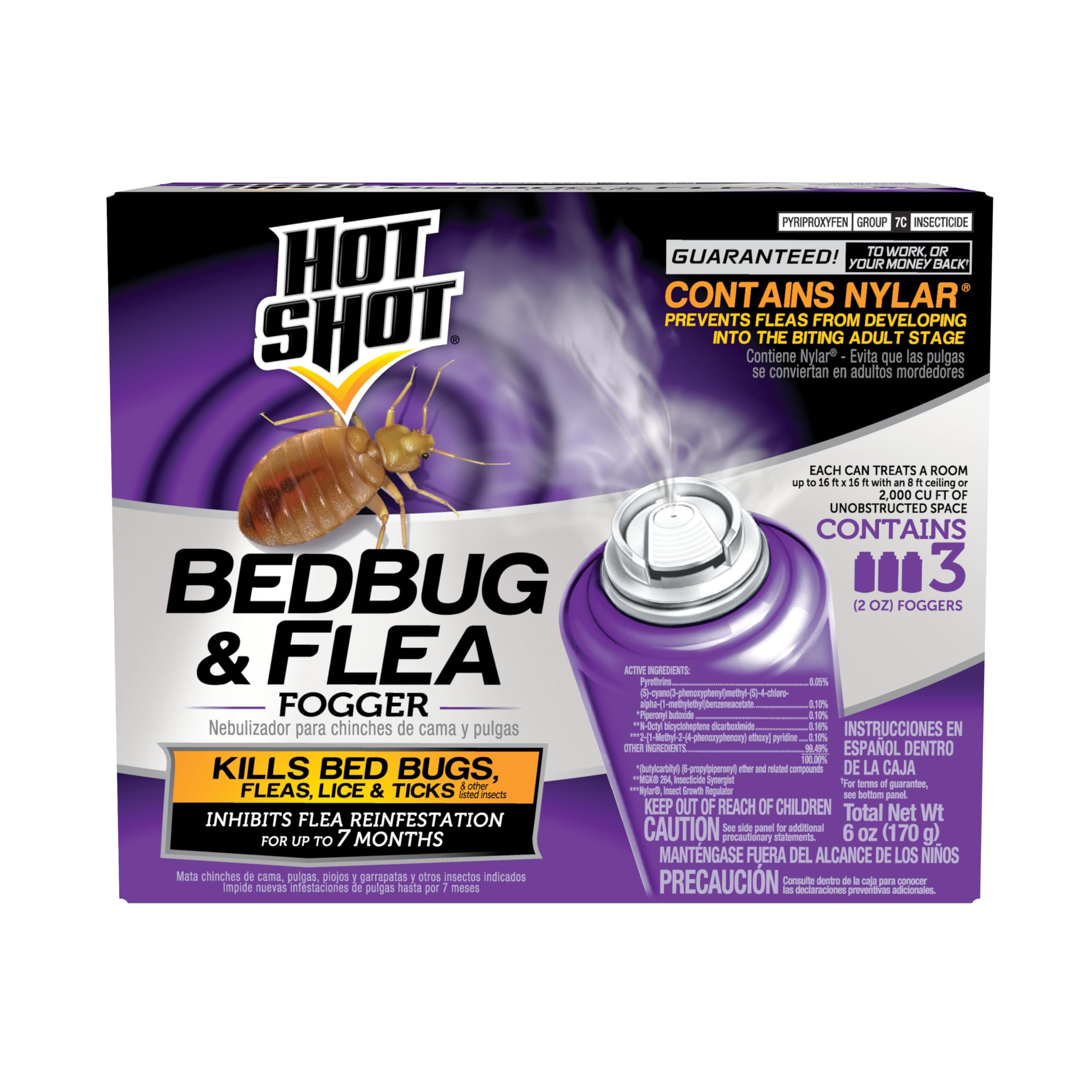 Hot Shot Bed Bug & Flea Fogger Pack 3-Pack, Kills Bed Bugs and Fleas Indoors, Get Rid of Fleas In House, Inhibits Reinfestation Up to 7 Months