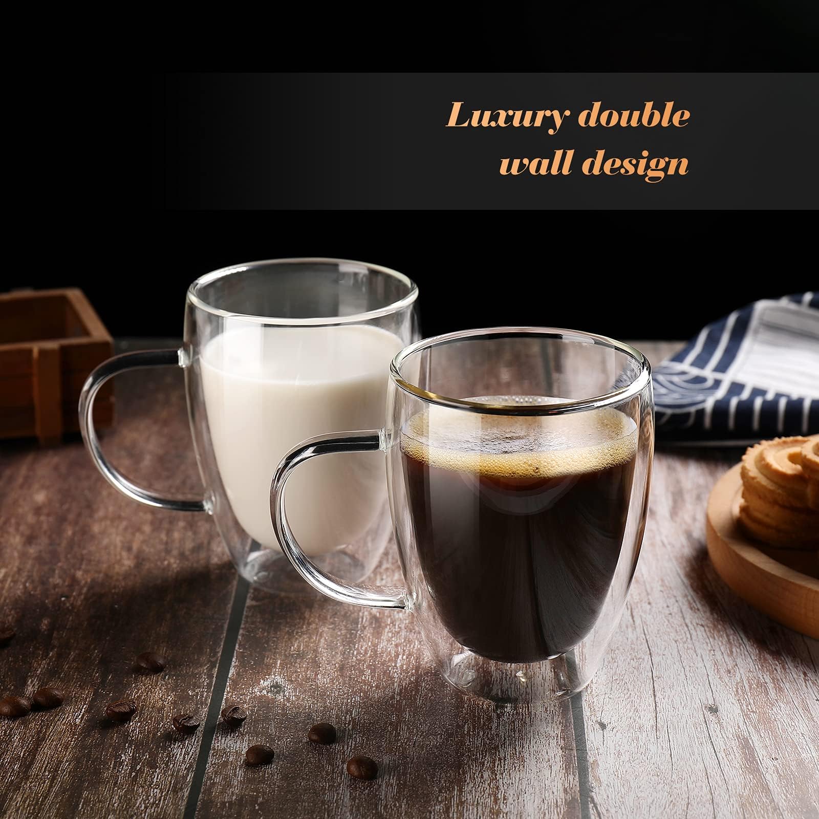 2-Pack 12 Oz Double Walled Glass Coffee Mugs with Handle,Insulated Layer Coffee Cups,Clear Borosilicate Glass Mugs,Perfect for Cappuccino,Tea,Latte,Espresso,Hot Beverage
