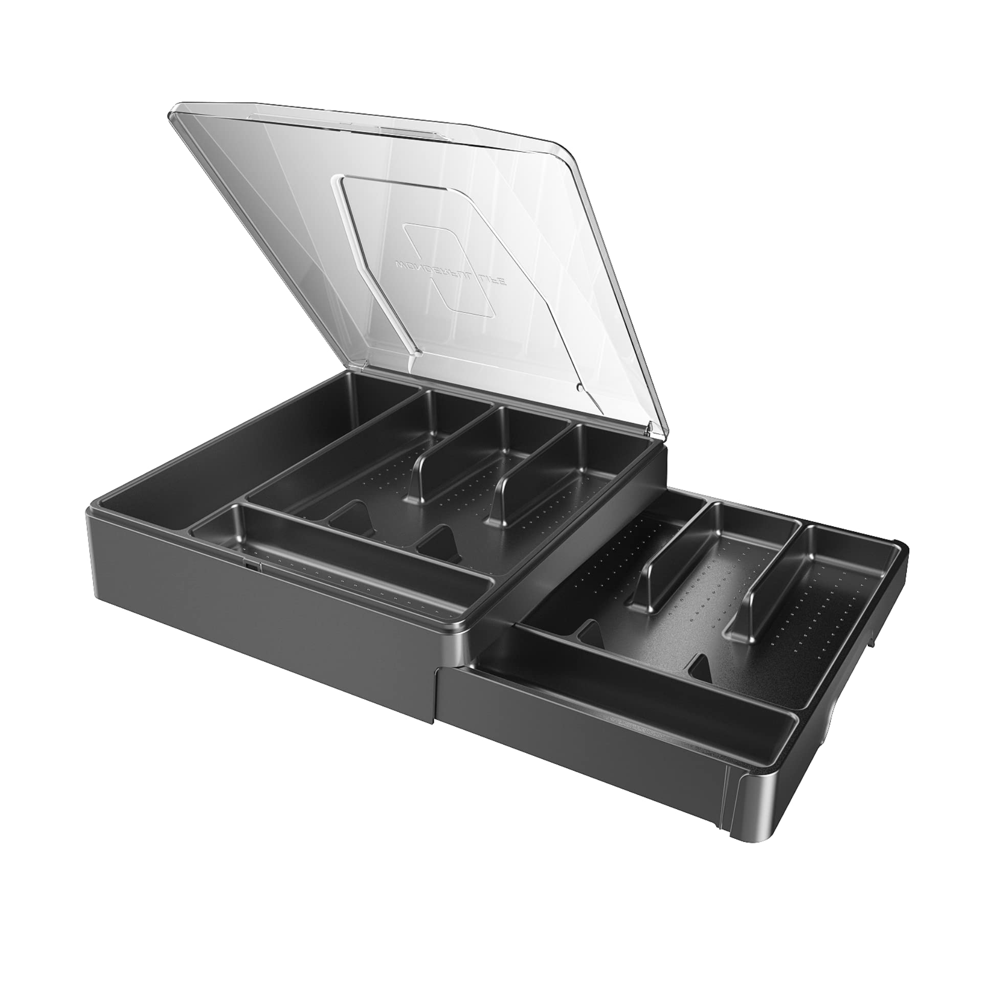 Simland 2 Layer Utentil Holder for Countertop, Plastic Silverware Tray with Lid, Portable Flatware Organizer Storage, Black