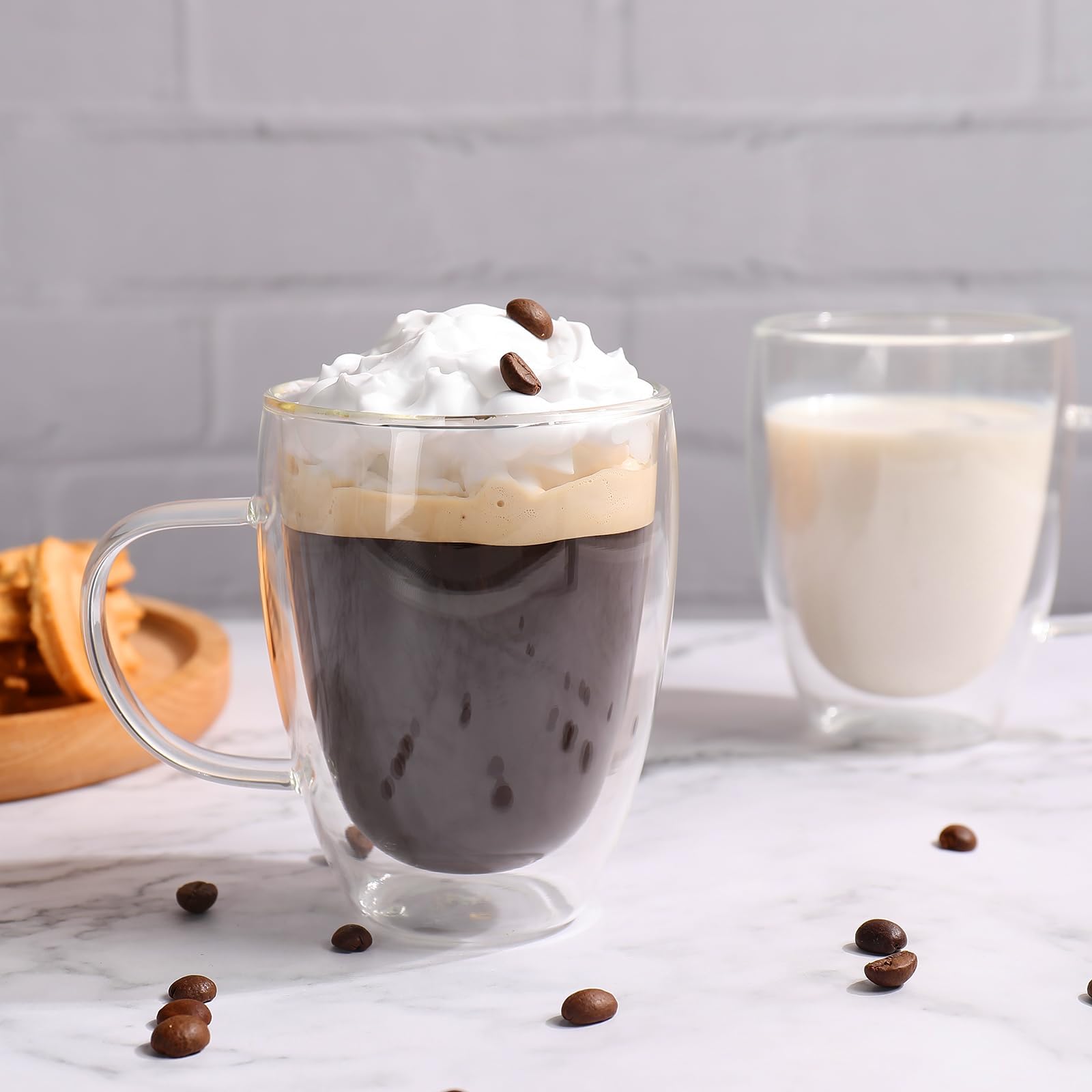 2-Pack 12 Oz Double Walled Glass Coffee Mugs with Handle,Insulated Layer Coffee Cups,Clear Borosilicate Glass Mugs,Perfect for Cappuccino,Tea,Latte,Espresso,Hot Beverage