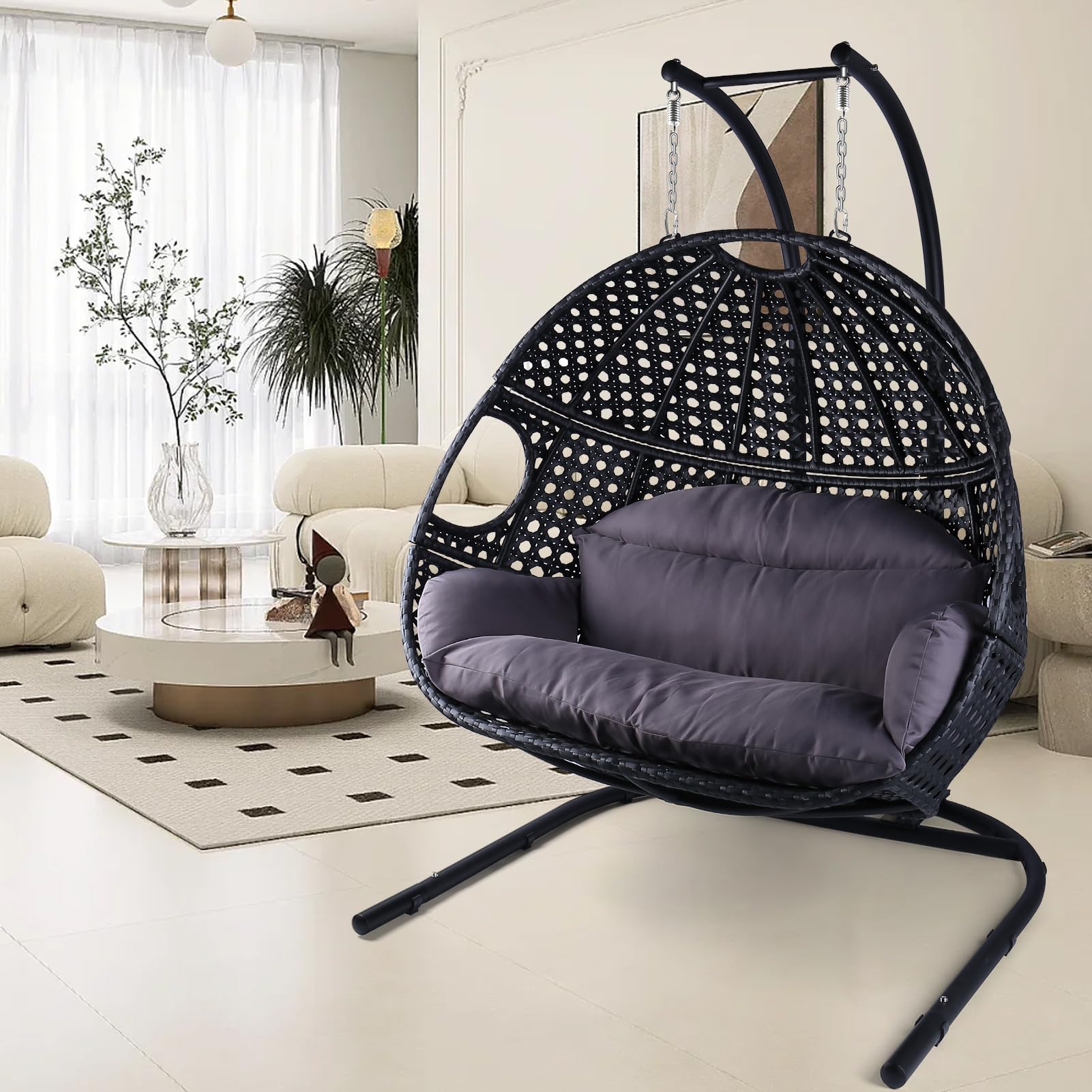 JESE Double Swing Egg Chair with Stand Indoor Outdoor,UV Resistant Cushion 2 People Hanging Anti-Rust Wicker Rattan Frame 530 lbs Capacity Oversized Hammock for Patio Bedroom Balcony，Black