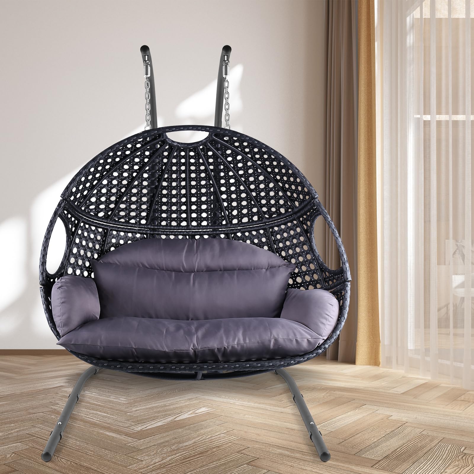 JESE Double Swing Egg Chair with Stand Indoor Outdoor,UV Resistant Cushion 2 People Hanging Anti-Rust Wicker Rattan Frame 530 lbs Capacity Oversized Hammock for Patio Bedroom Balcony，Black