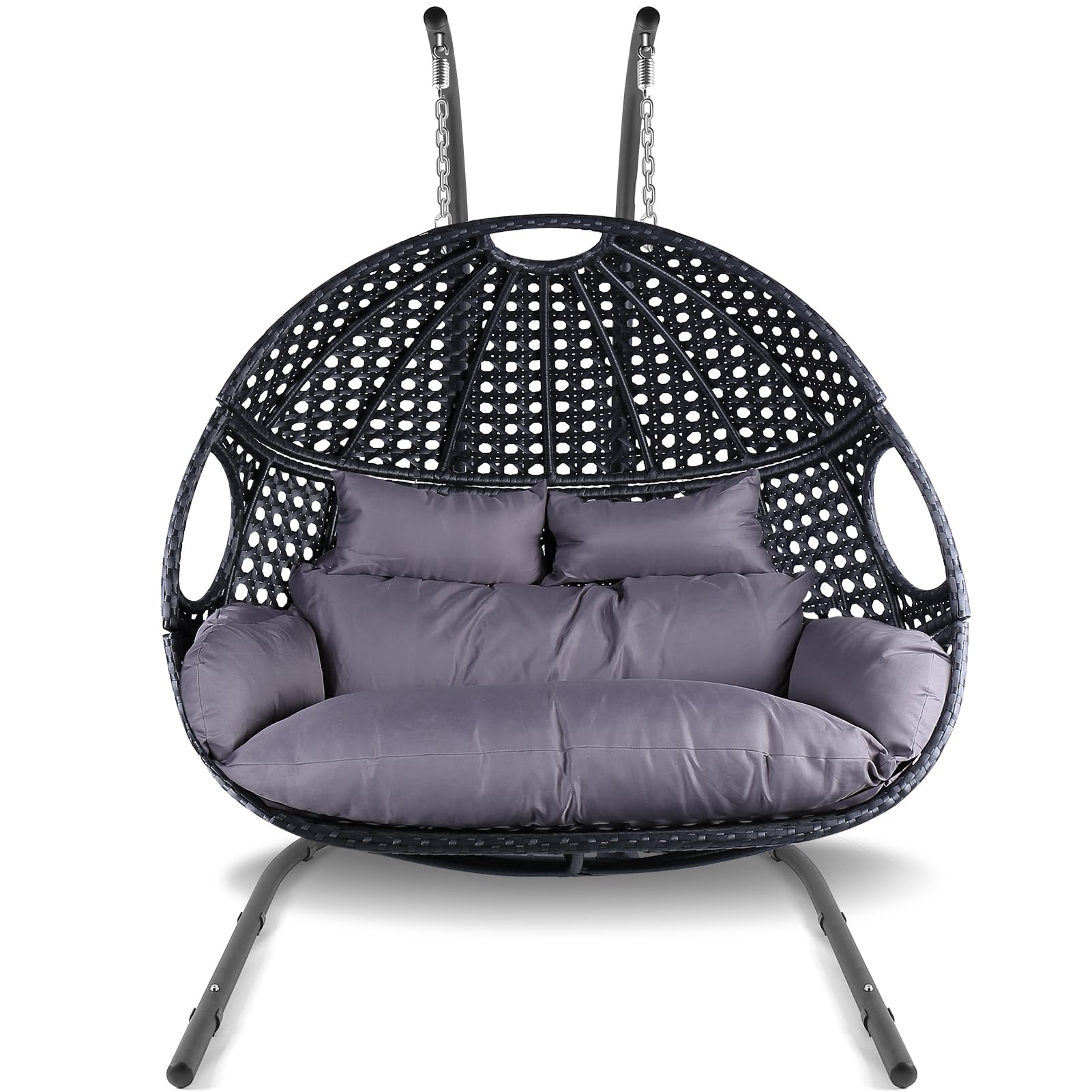 JESE Double Swing Egg Chair with Stand Indoor Outdoor,UV Resistant Cushion 2 People Hanging Anti-Rust Wicker Rattan Frame 530 lbs Capacity Oversized Hammock for Patio Bedroom Balcony,Black
