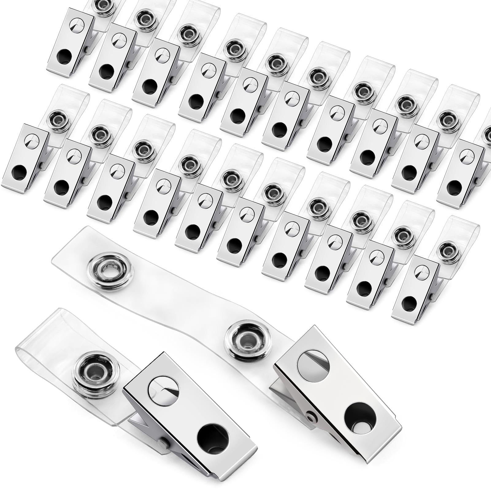 Metal Badge Clips with Clear PVC Straps ID Strap Clip ID Badge Clip Double Holes Badge Clips ID Clips for Badges Name Tag Clips Metal Clips for ID Cards Badge Holders Work Badges (30 Pcs)