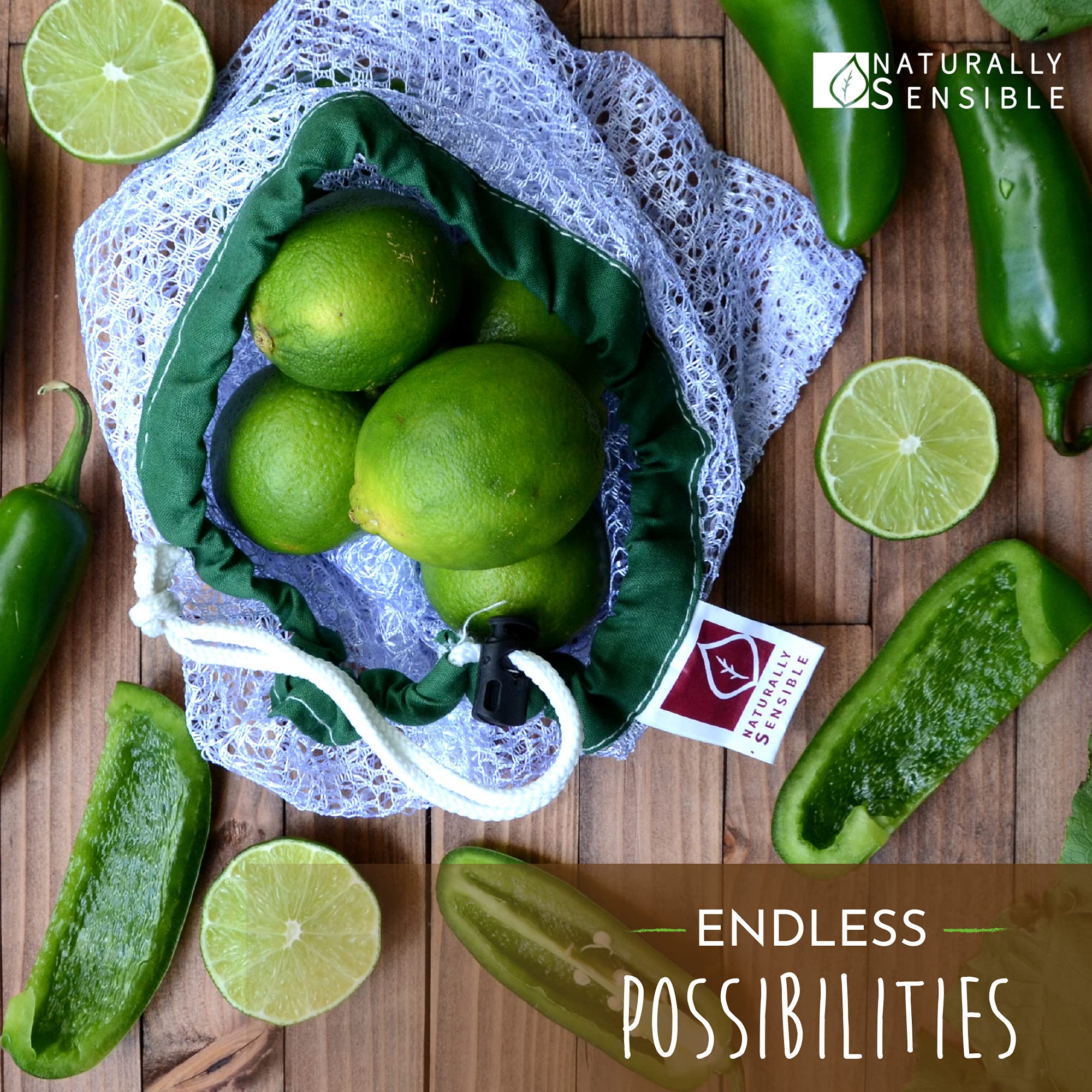 Naturally Sensible Reusable Produce Bags | Sturdy Mesh Grocery Tote (5 Bag Set)