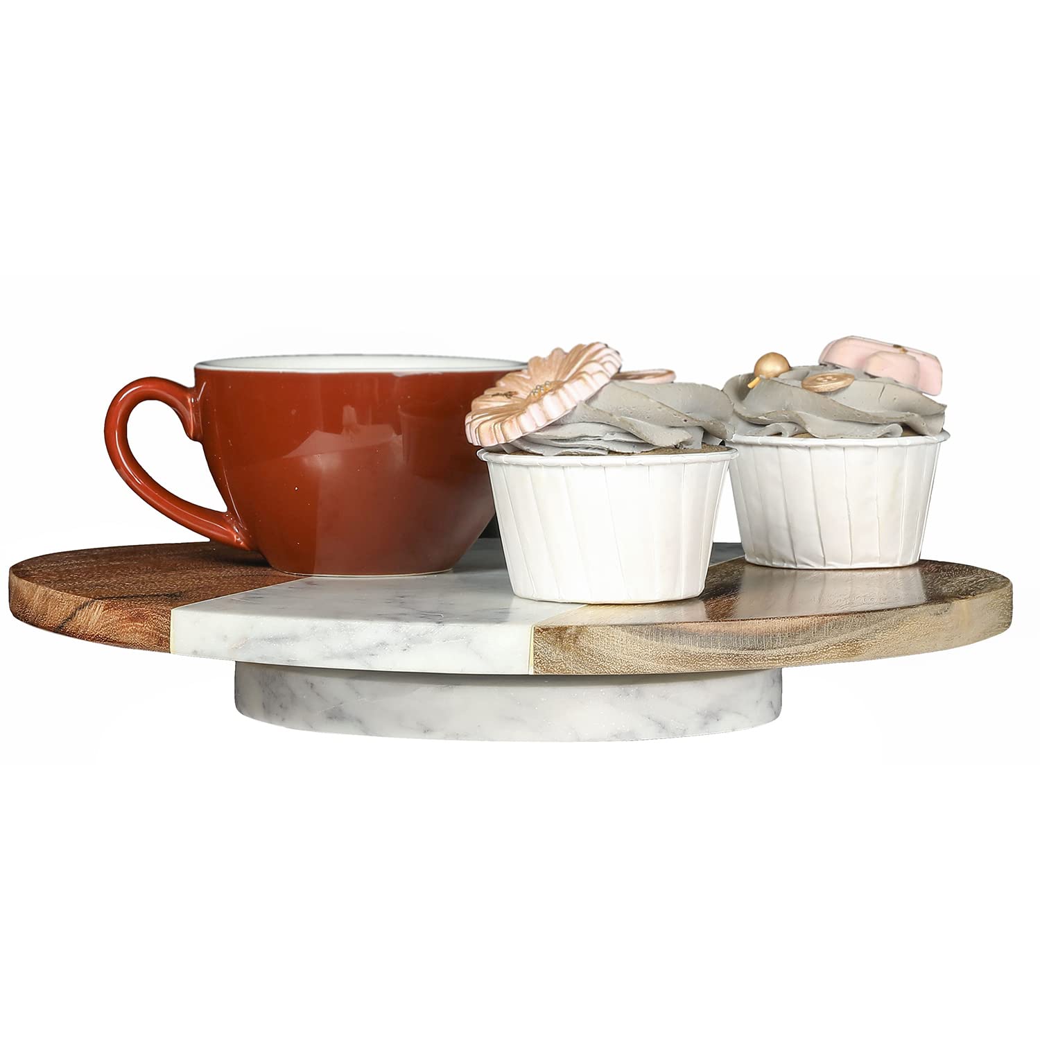 MyGift 11 Inch Deluxe Acacia Wood with White Marble Accent Lazy Susan Serving Tray - 360 Degree Rotating Spice and Condiment Display Turntable - Handcrafted in India
