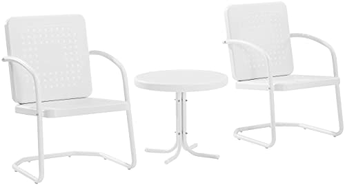 Crosley Furniture KO10019WH Bates 3-Piece Retro Metal Outdoor Seating Set with Side Table and 2 Chairs, White Gloss and White Satin