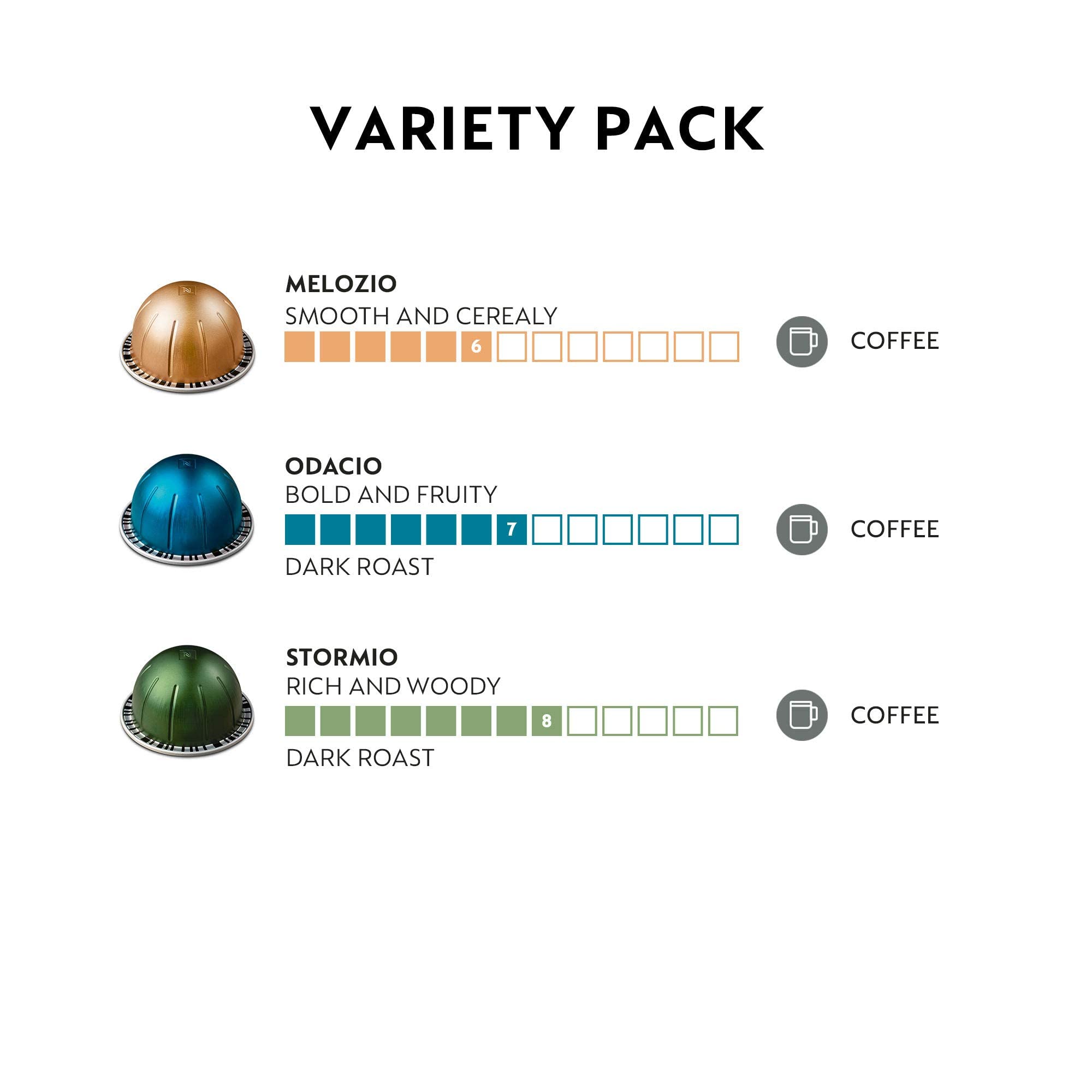 Nespresso Capsules VertuoLine, Medium and Dark Roast Coffee, Variety Pack, Stormio, Odacio, Melozio, 30 Count, Brews 7.77 Ounce