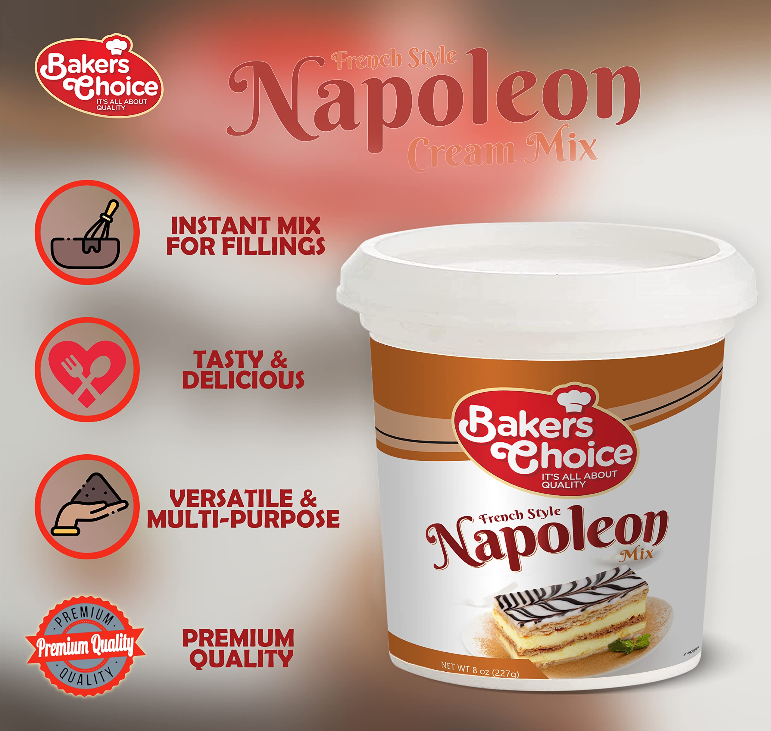 French Vanilla Pudding Mix - French Napoleon Custard Powder - Make Custard Creams For French Napoleon Cake, Custard Cups, Mousse Cake, and Desserts - Dairy Free, Kosher - 8 oz. - By Baker’s Choice