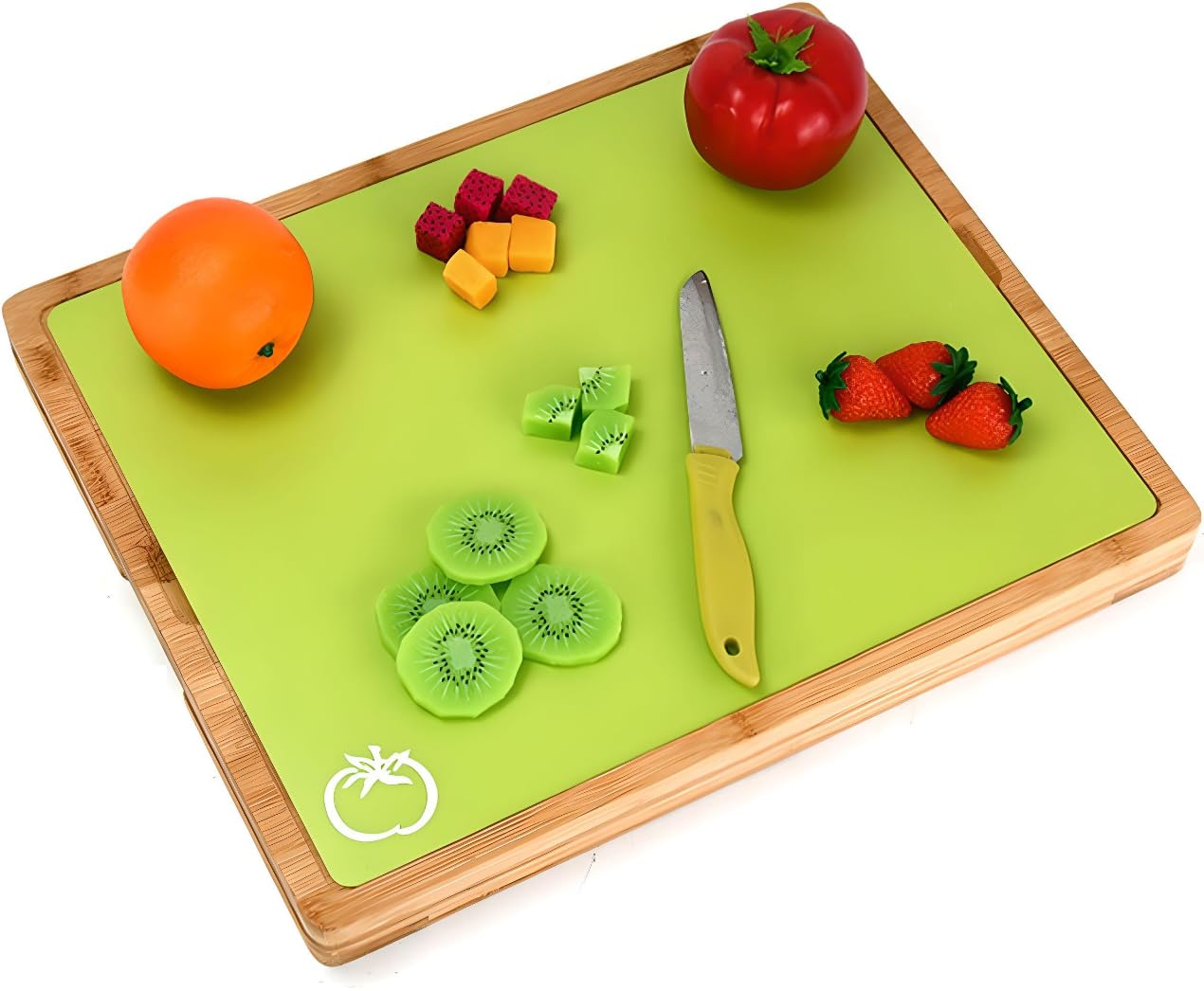 Hampton Homeware Large Bamboo Wood Cutting Board Set with 6 Color-Coded Flexible Cutting Mats with Food Icons to Prevent Cross-Contamination - Ultimate Culinary Chopping Board Set