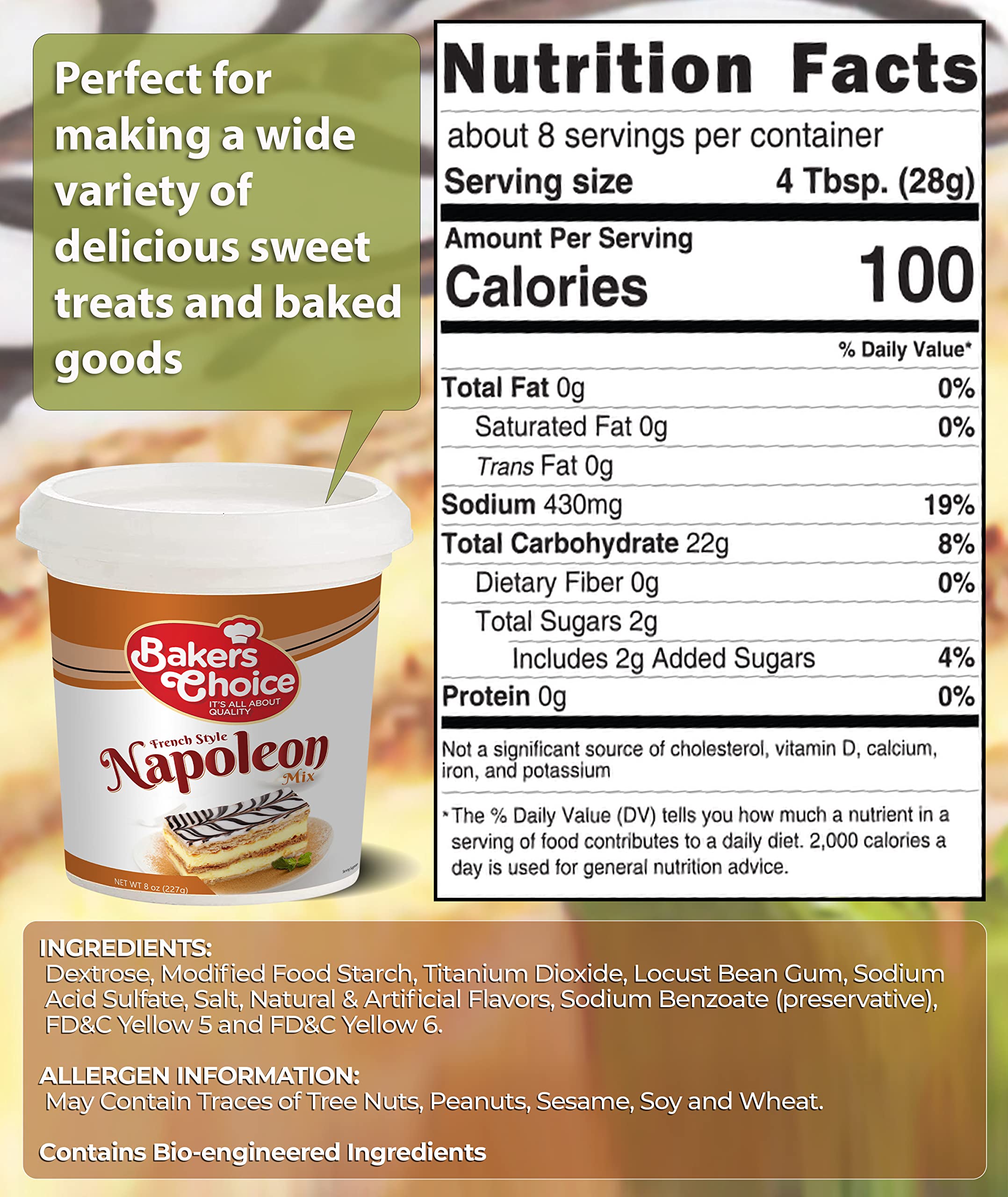 French Vanilla Pudding Mix - French Napoleon Custard Powder - Make Custard Creams For French Napoleon Cake, Custard Cups, Mousse Cake, and Desserts - Dairy Free, Kosher - 8 oz. - By Baker’s Choice