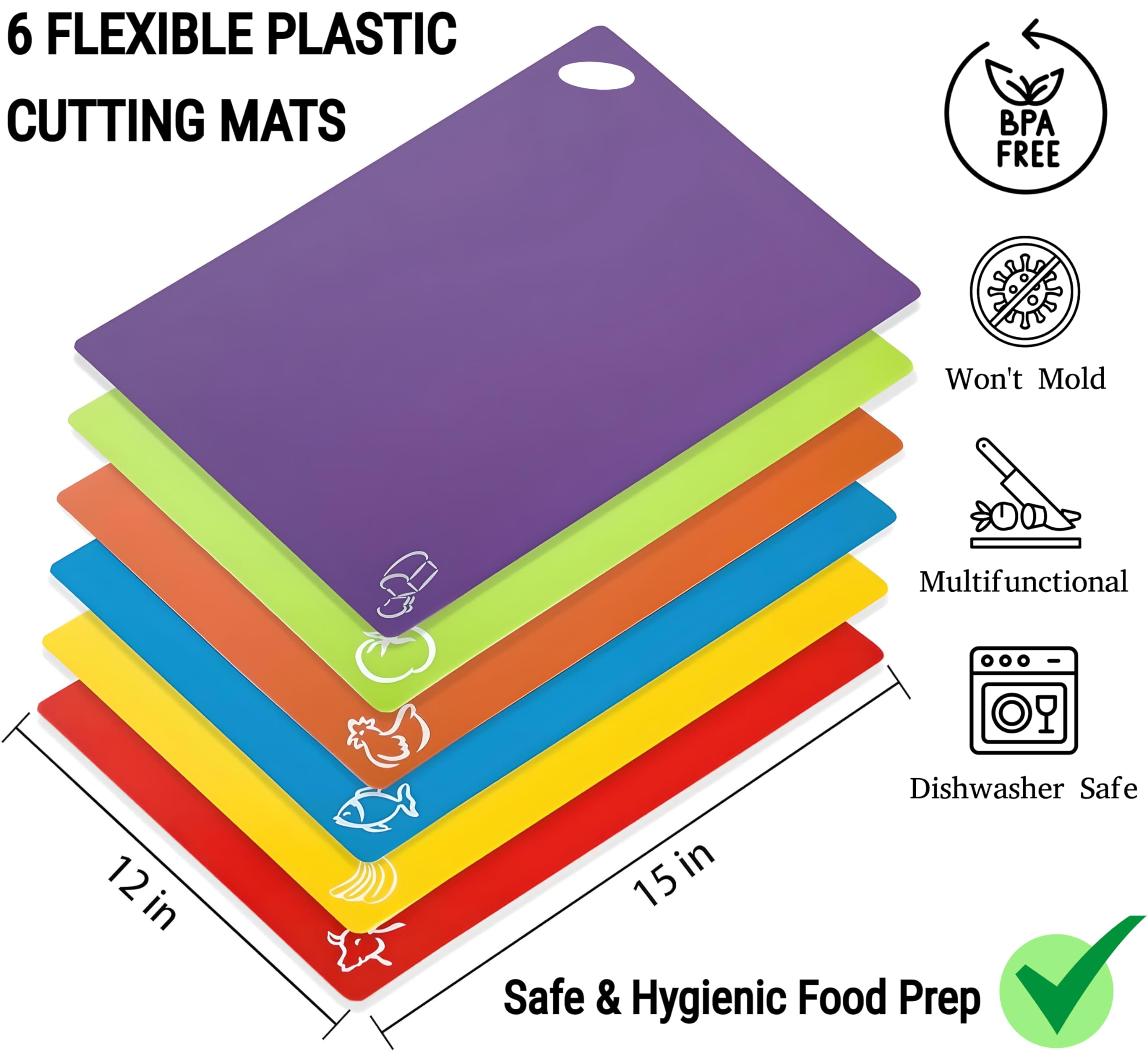 Hampton Homeware Large Bamboo Wood Cutting Board Set with 6 Color-Coded Flexible Cutting Mats with Food Icons to Prevent Cross-Contamination - Ultimate Culinary Chopping Board Set