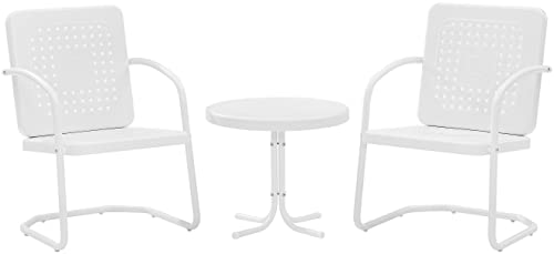 Crosley Furniture KO10019WH Bates 3-Piece Retro Metal Outdoor Seating Set with Side Table and 2 Chairs, White Gloss and White Satin