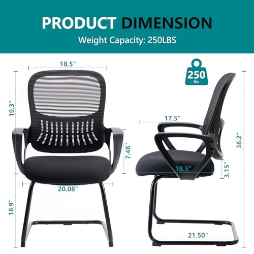 SMUG Desk Chair No Wheels Set of 2, Mid Back Computer Chair Ergonomic Mesh Office Chair with Larger Seat, Executive Sled-Base Task Chair with Lumbar Support and Armrests for Women Adults, Black