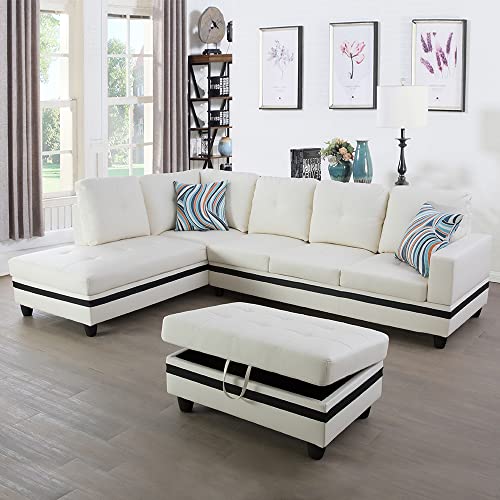 GEBADOL 103" Wide Sectional Living Room Furniture Set L-Shape Sofa Chaise and Storage Ottoman 3 Pieces Faux Leather Couch Set (White&Black/Left-Hand Facing)