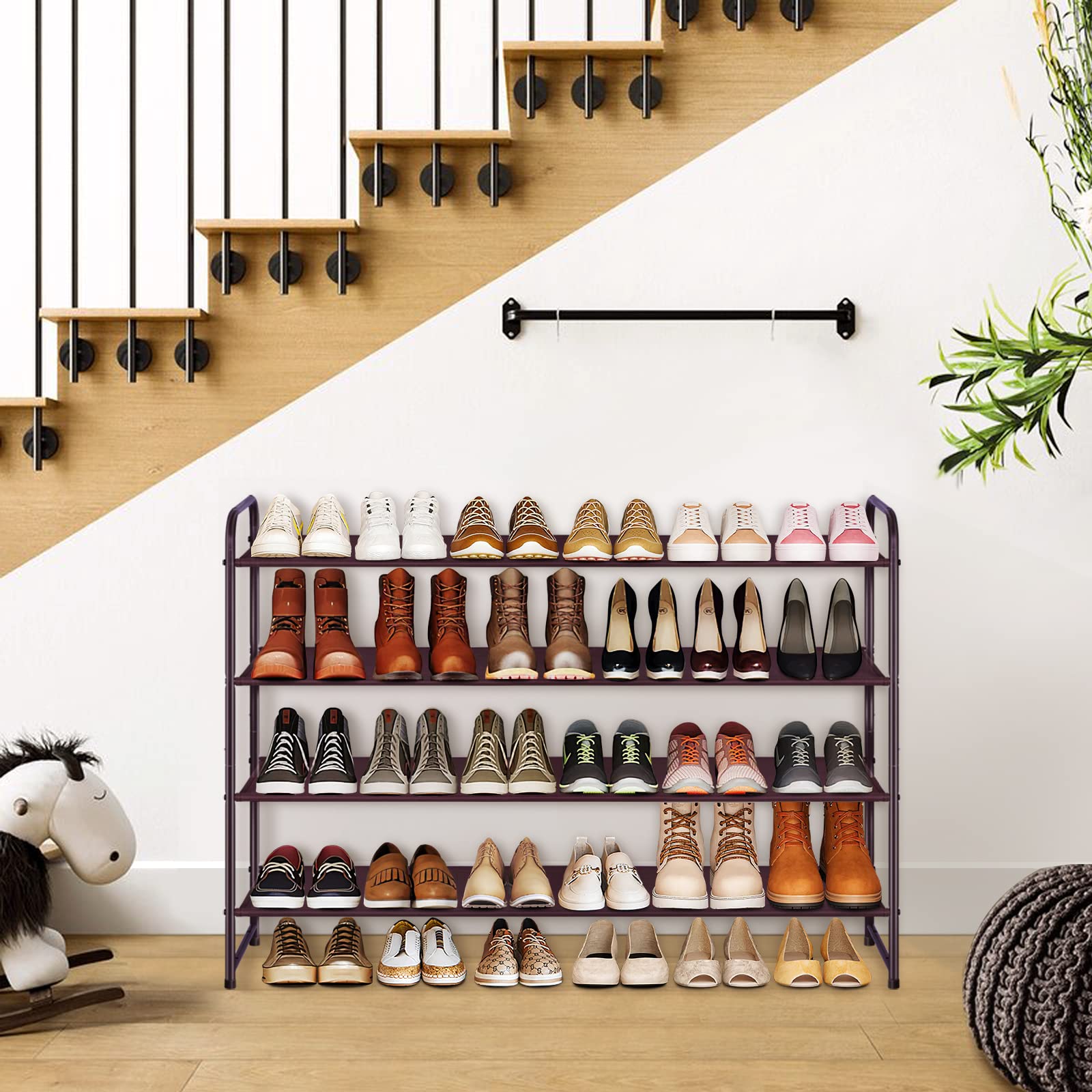 KIMBORA 4 Tier Long Shoe Rack for Closet, Wide Shoe Storage Organizer Stackable Shoe Shelf for Floor, Bedroom 30-Pairs (Bronze)