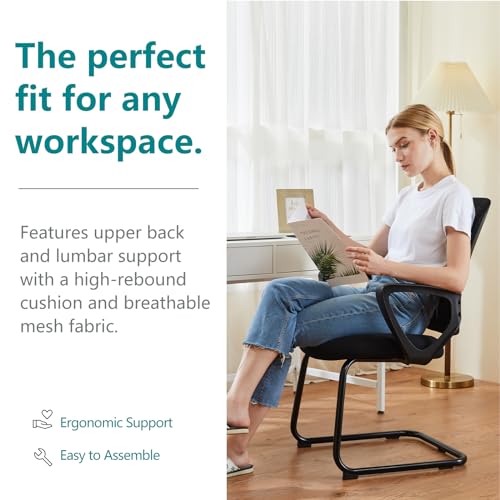 SMUG Desk Chair No Wheels Set of 2, Mid Back Computer Chair Ergonomic Mesh Office Chair with Larger Seat, Executive Sled-Base Task Chair with Lumbar Support and Armrests for Women Adults, Black