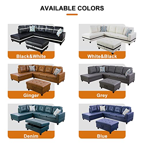 GEBADOL 103" Wide Sectional Living Room Furniture Set L-Shape Sofa Chaise and Storage Ottoman 3 Pieces Faux Leather Couch Set (White&Black/Left-Hand Facing)