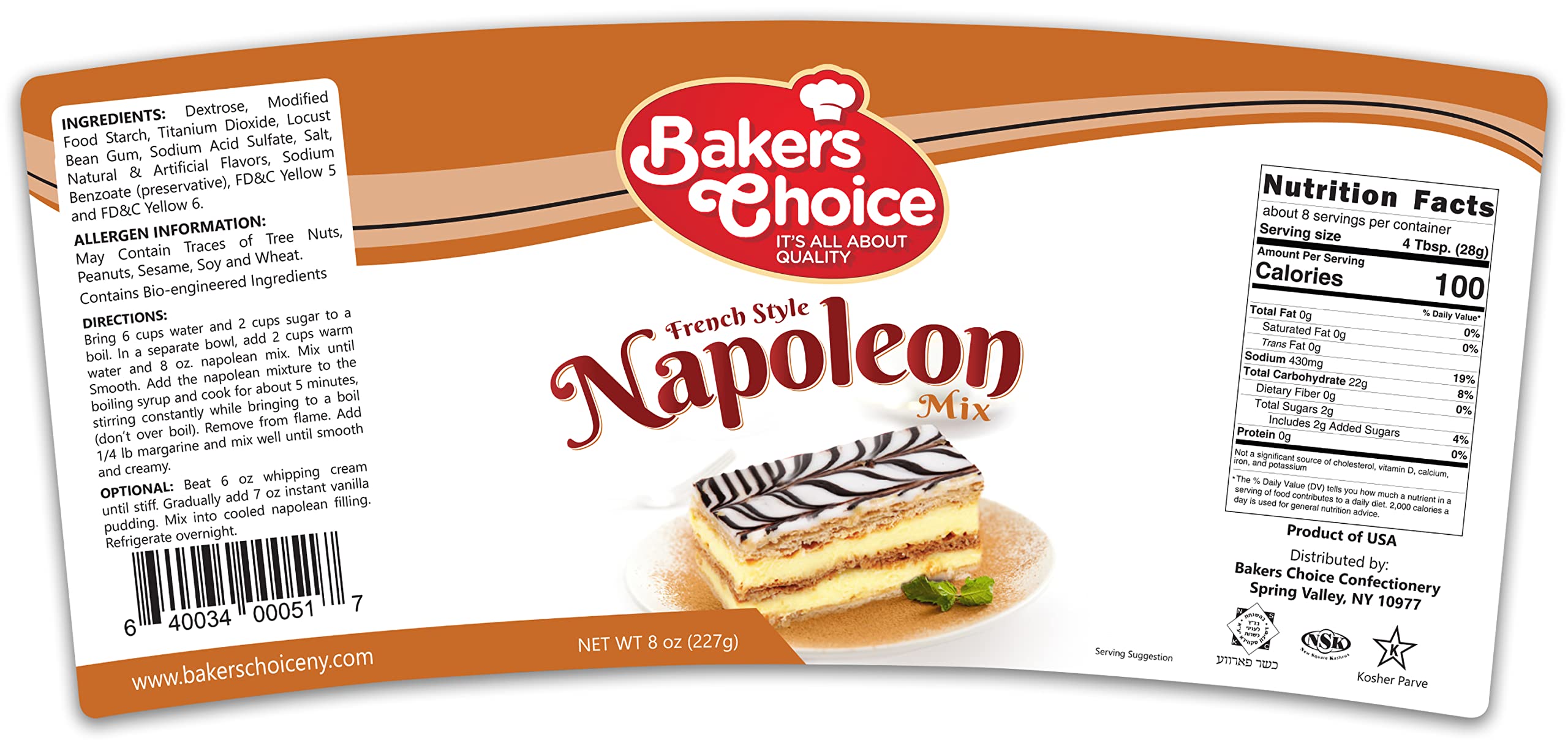 French Vanilla Pudding Mix - French Napoleon Custard Powder - Make Custard Creams For French Napoleon Cake, Custard Cups, Mousse Cake, and Desserts - Dairy Free, Kosher - 8 oz. - By Baker’s Choice