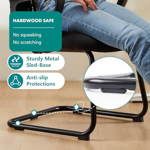 SMUG Desk Chair No Wheels Set of 2, Mid Back Computer Chair Ergonomic Mesh Office Chair with Larger Seat, Executive Sled-Base Task Chair with Lumbar Support and Armrests for Women Adults, Black