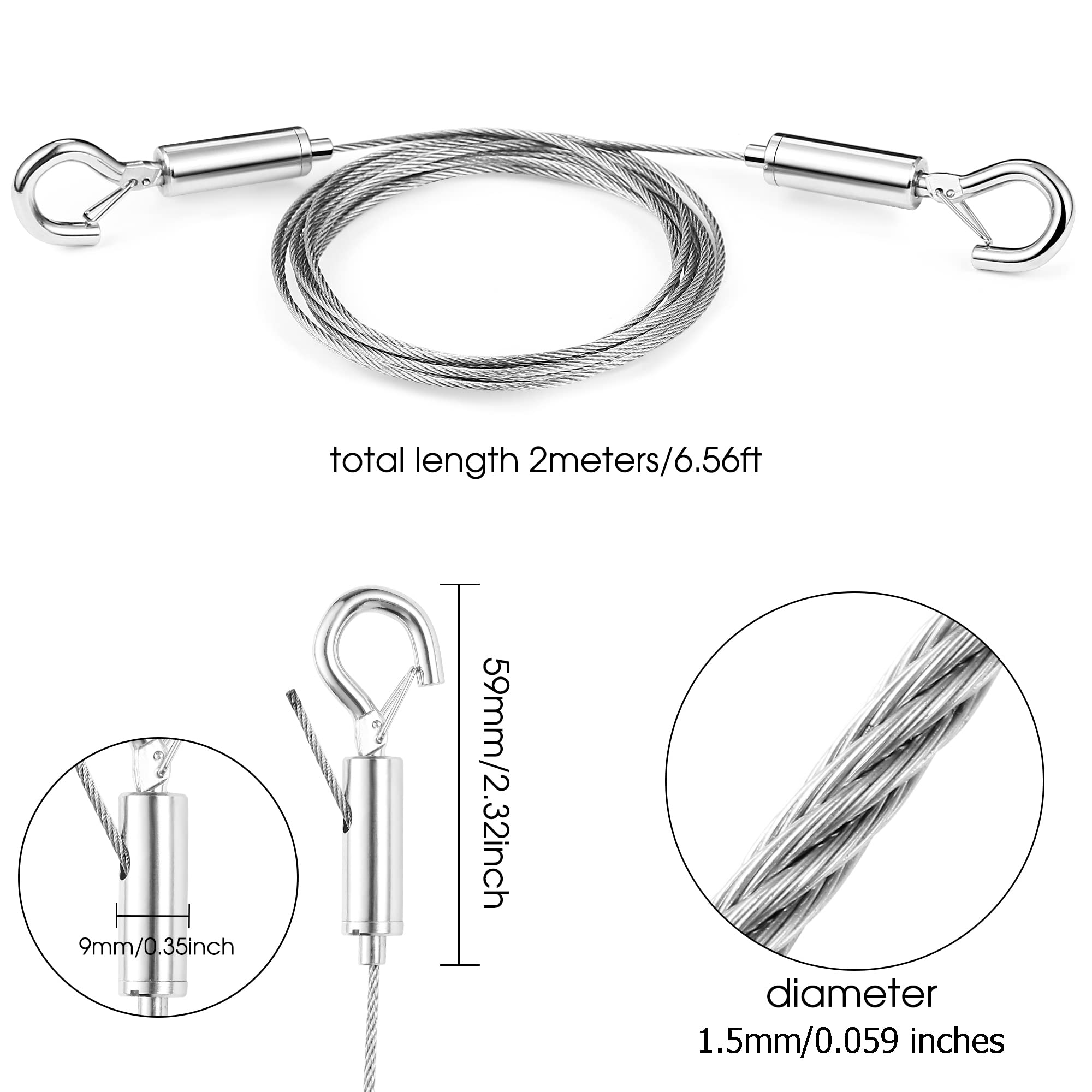 SIDENUO Adjustable Picture Hanging Wire 2PCS Mirror Frame Kit 2m x1.5mm Heavy Duty Stainless Steel Wire Rope for Mirror Hanging Hardware, Light Lamp, Billboards,Basket Flowerpot Hold Up to 20kg