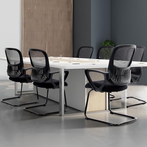 SMUG Desk Chair No Wheels Set of 2, Mid Back Computer Chair Ergonomic Mesh Office Chair with Larger Seat, Executive Sled-Base Task Chair with Lumbar Support and Armrests for Women Adults, Black