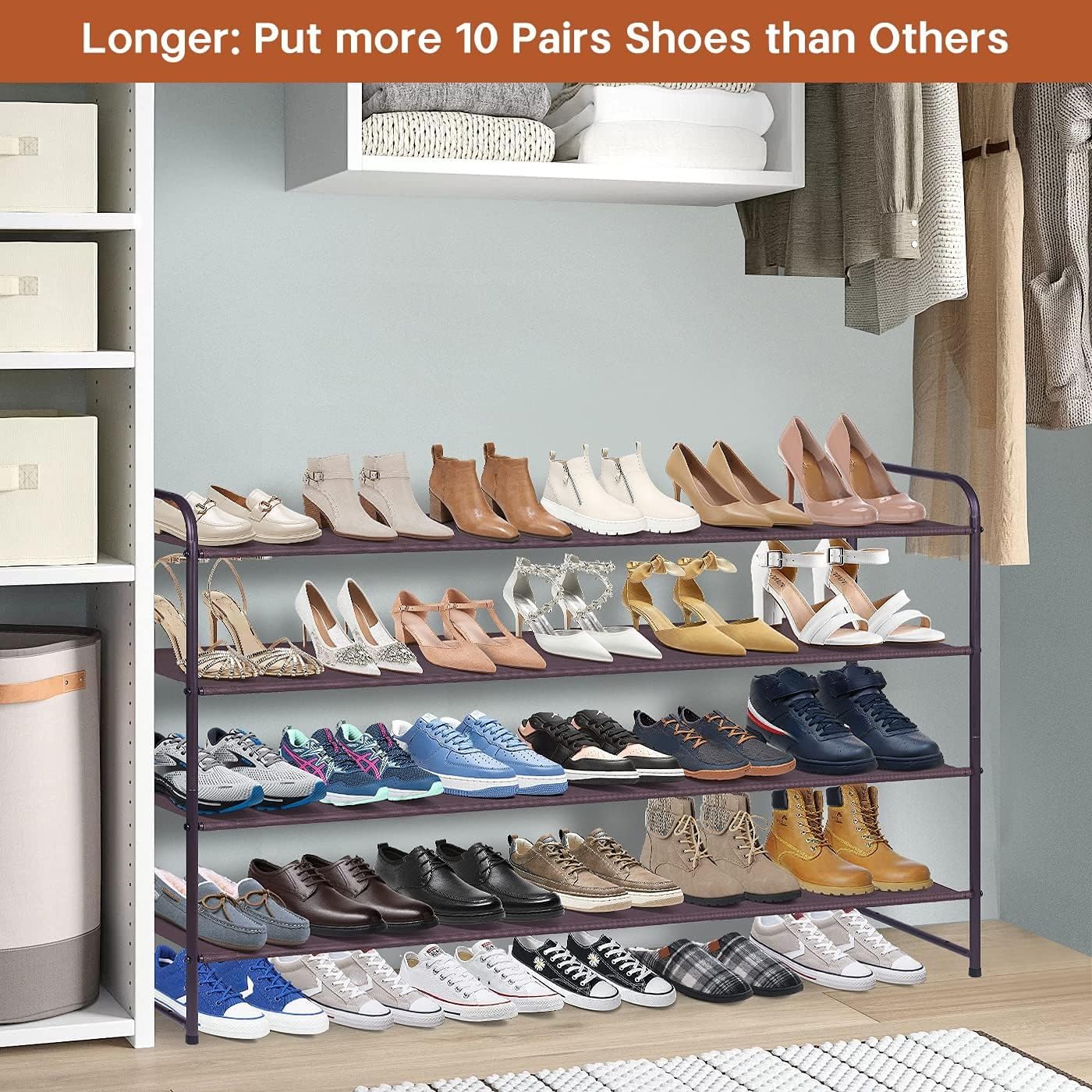 KIMBORA 4 Tier Long Shoe Rack for Closet, Wide Shoe Storage Organizer Stackable Shoe Shelf for Floor, Bedroom 30-Pairs (Bronze)