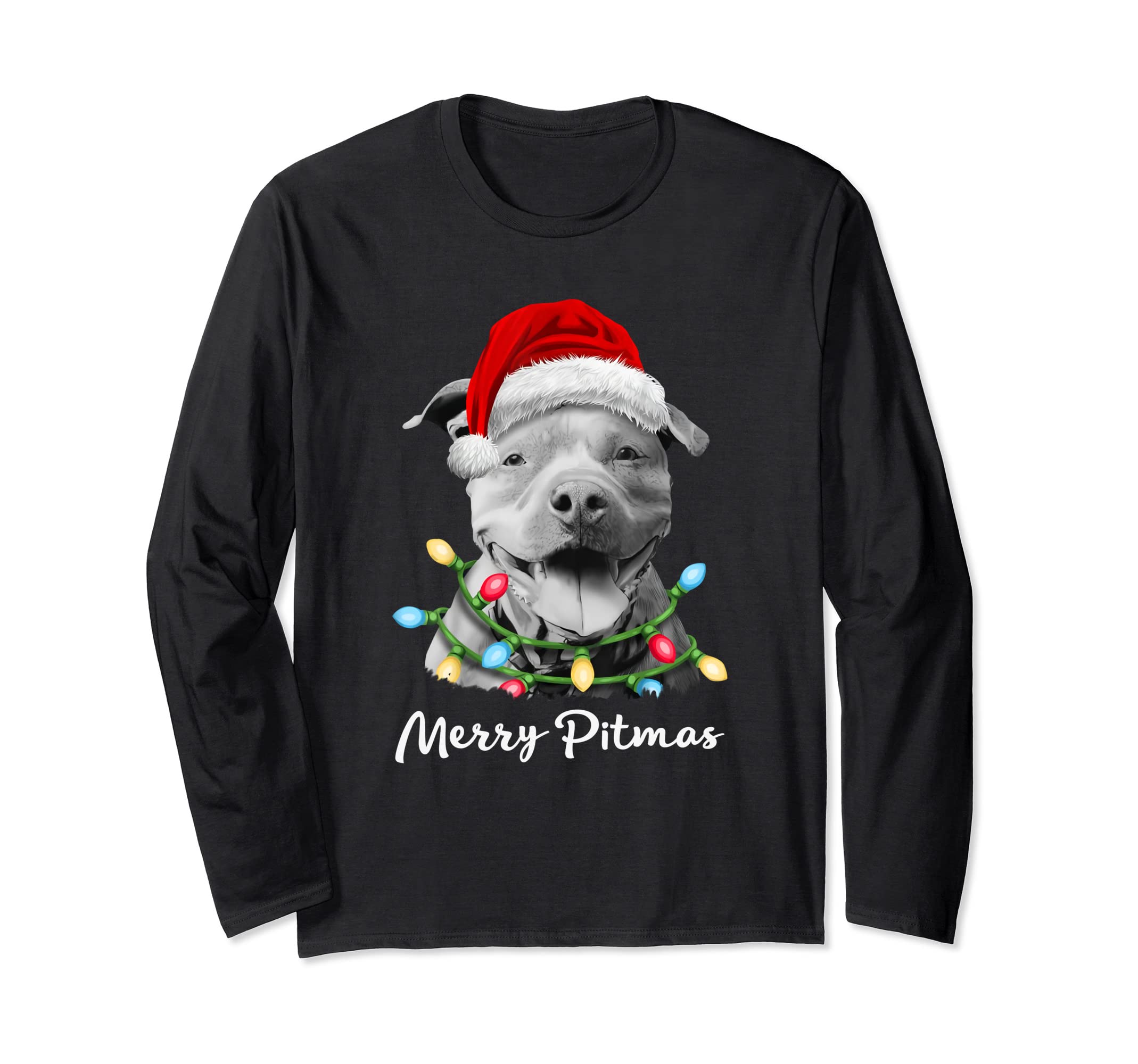 Pit Bull Santa Christmas Tree Lights Xmas Merry Pitmas Long Sleeve T-Shirt