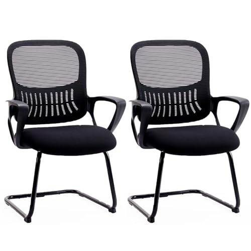 SMUG Desk Chair No Wheels Set of 2, Mid Back Computer Chair Ergonomic Mesh Office Chair with Larger Seat, Executive Sled-Base Task Chair with Lumbar Support and Armrests for Women Adults, Black