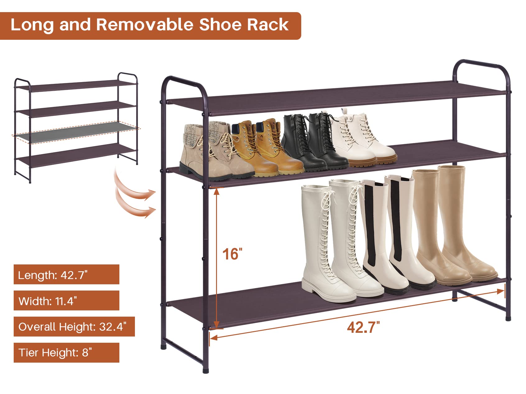 KIMBORA 4 Tier Long Shoe Rack for Closet, Wide Shoe Storage Organizer Stackable Shoe Shelf for Floor, Bedroom 30-Pairs (Bronze)